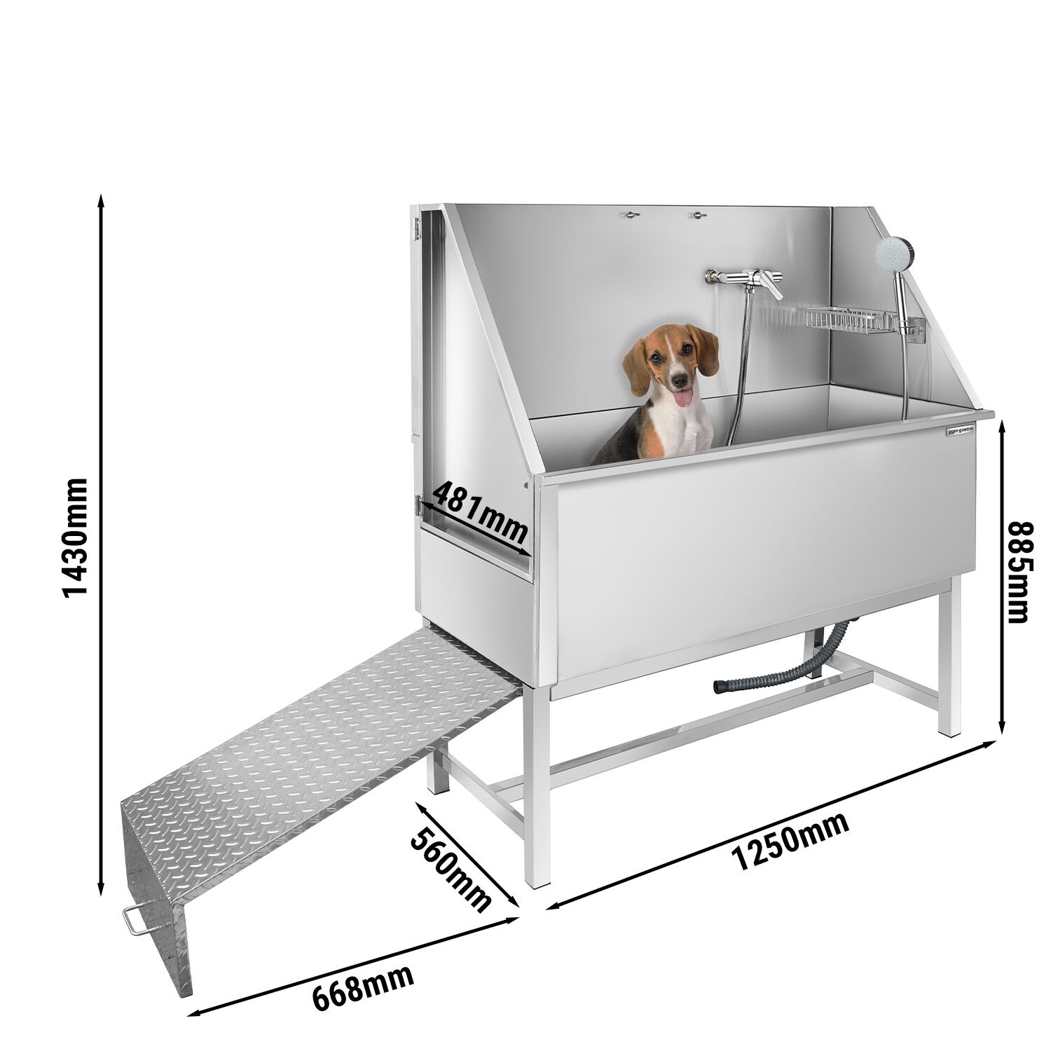 Pet grooming tub with ramp faucet and perforated stainless steel bottom